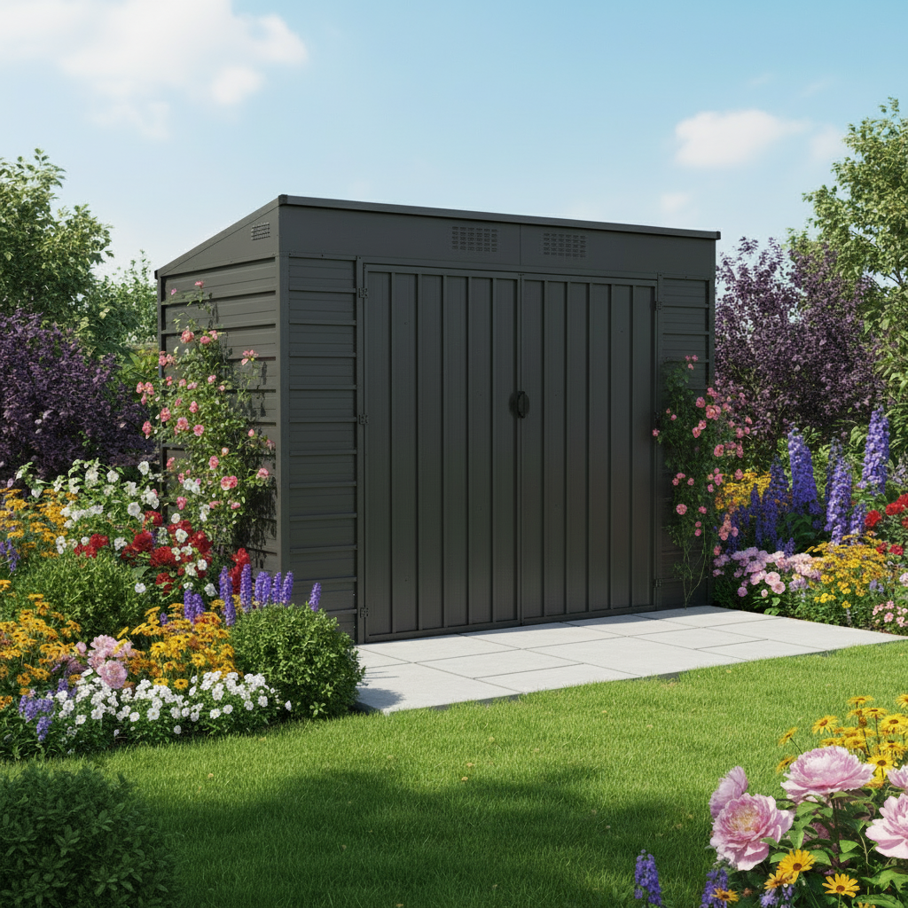 7.5x4.2 ft Outdoor Metal Storage Shed – Dark Grey, Dual Swing Doors, H ...