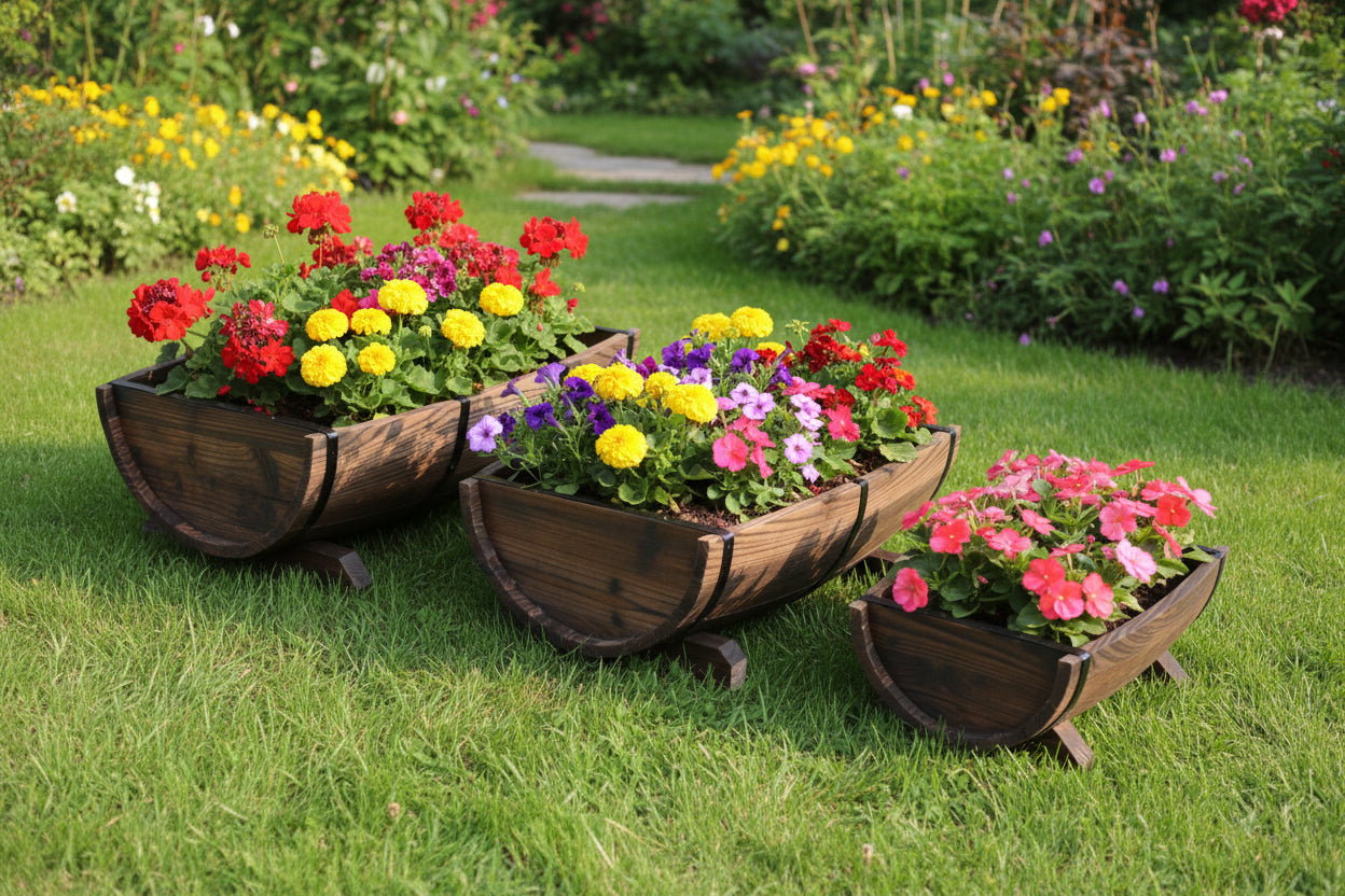 Rustic Half Barrel Wooden Planter Set Burnt Finish Garden Pots – Uncle ...