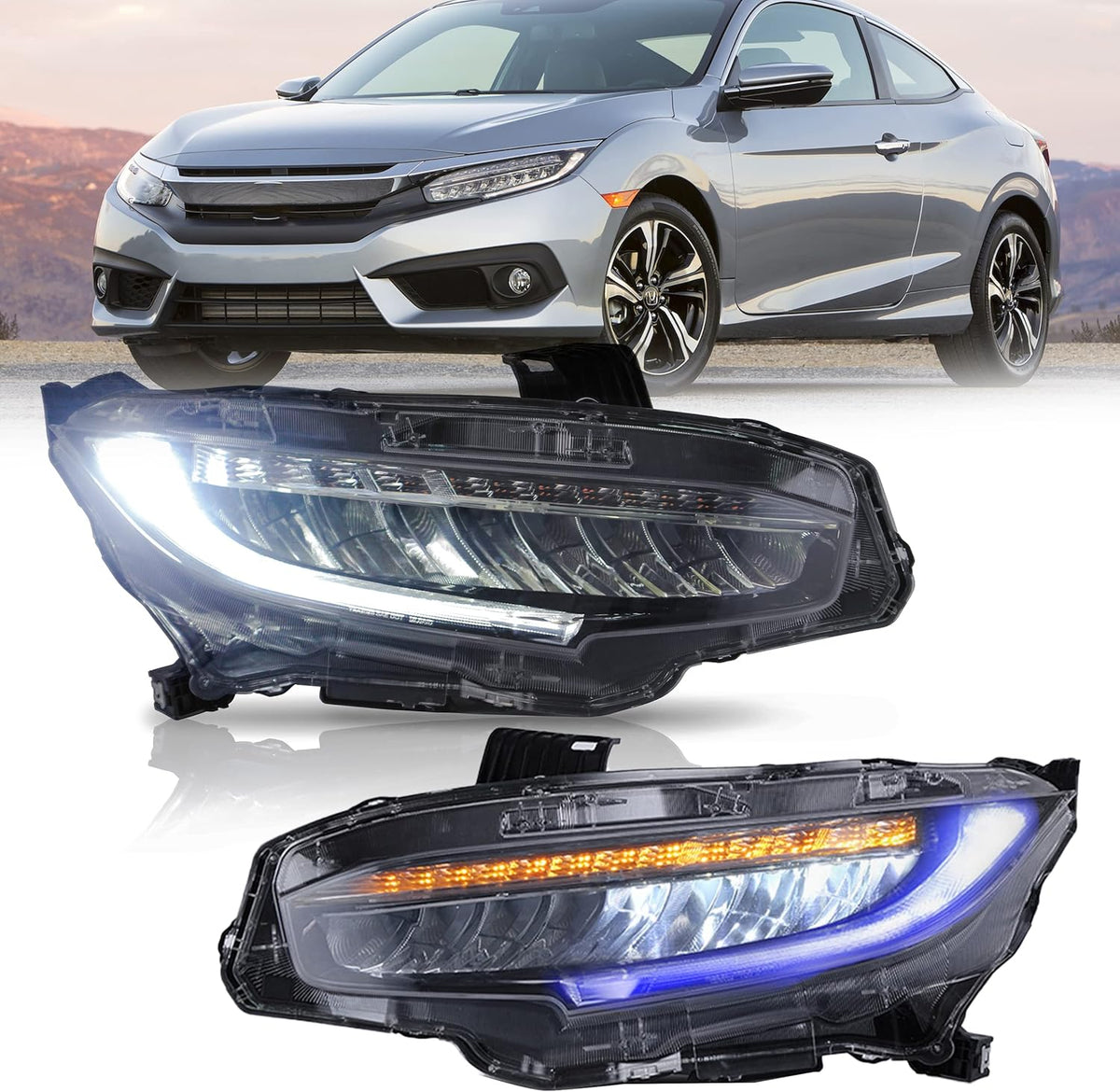 Vland Headlight Assembly Fit For 2016 2021 10th Gen Honda Civic Drl Wi